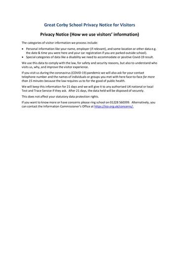 Privacy Notices - Great Corby School, Cumbria